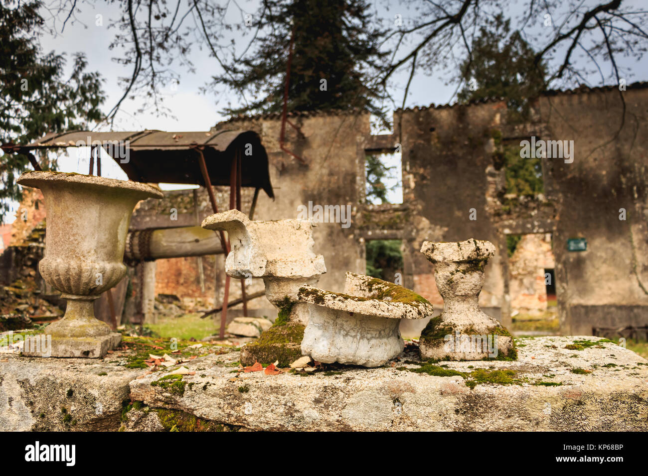 detail view of objects in the ruins of houses destroyed by fire ...