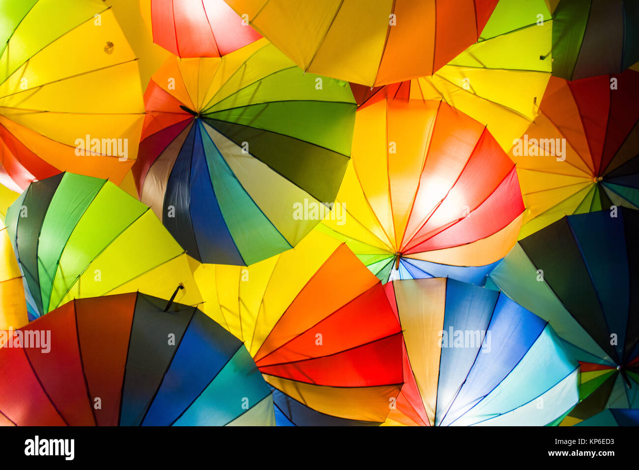 bright colorful hundreds of umbrellas floating above the street Stock ...