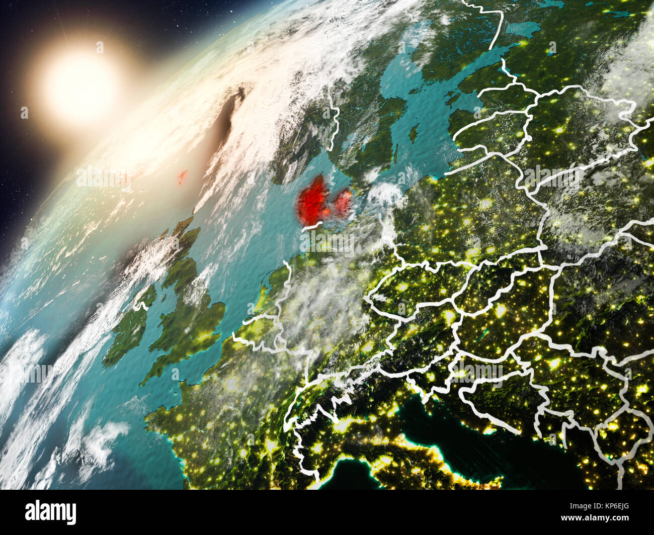 Denmark during sunset highlighted in red on planet Earth with clouds and visible country borders ...