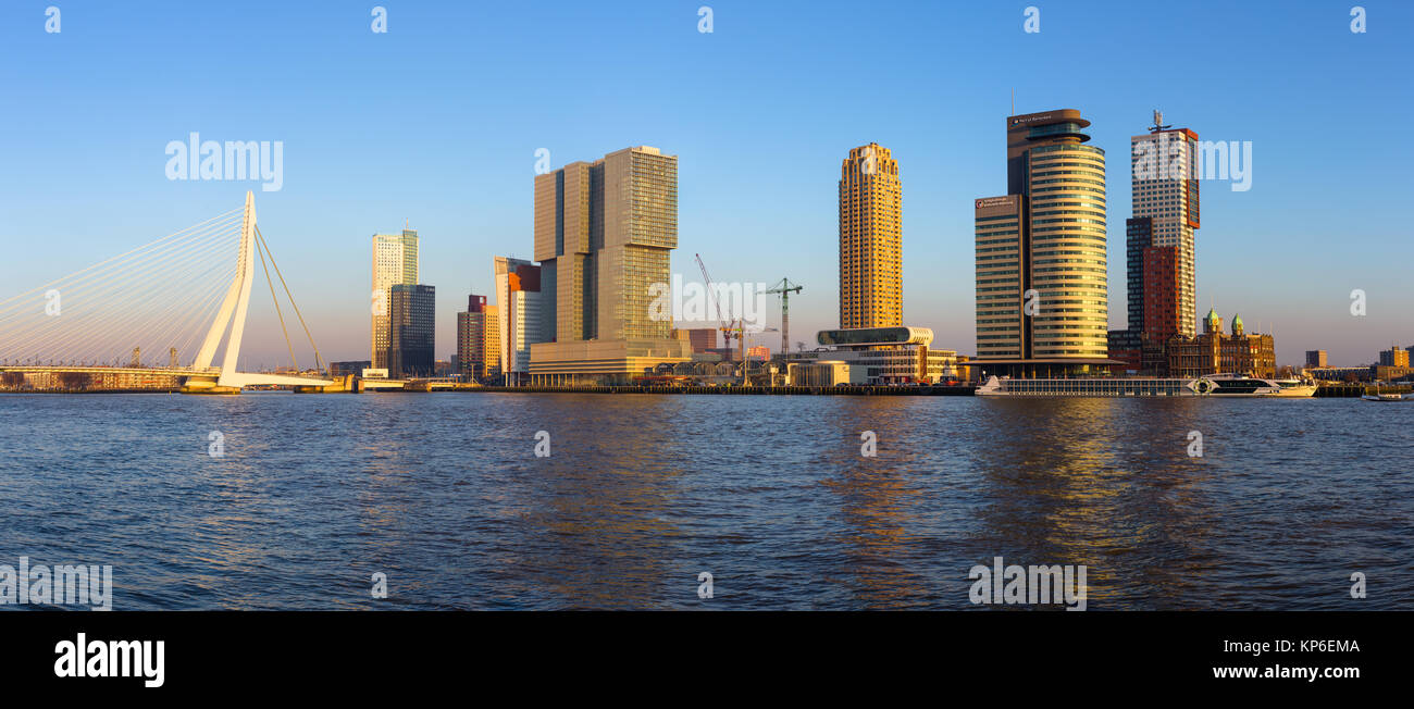Panoramic view of the skyline in Rotterdam at the sunset. Soft yellow ...