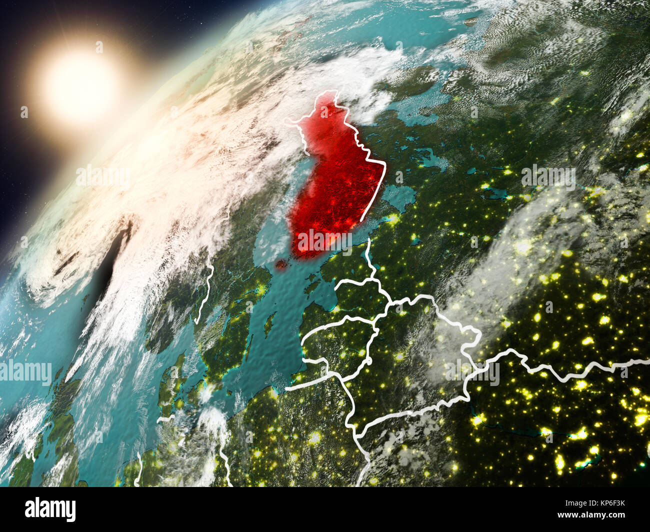 Finland during sunset highlighted in red on planet Earth with clouds ...