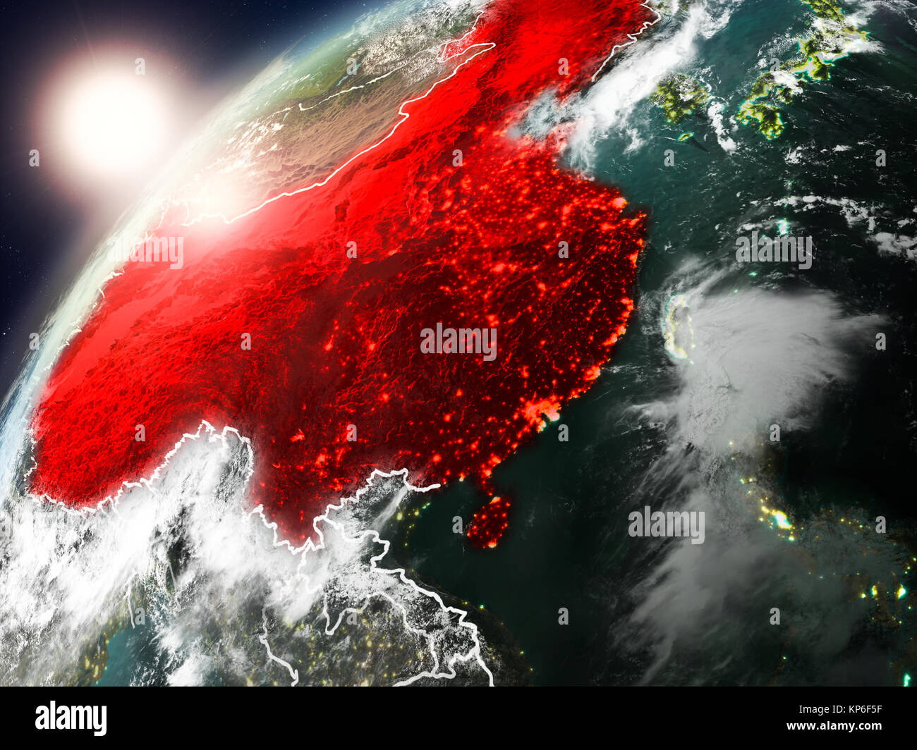 China during sunset highlighted in red on planet Earth with clouds and visible country borders ...