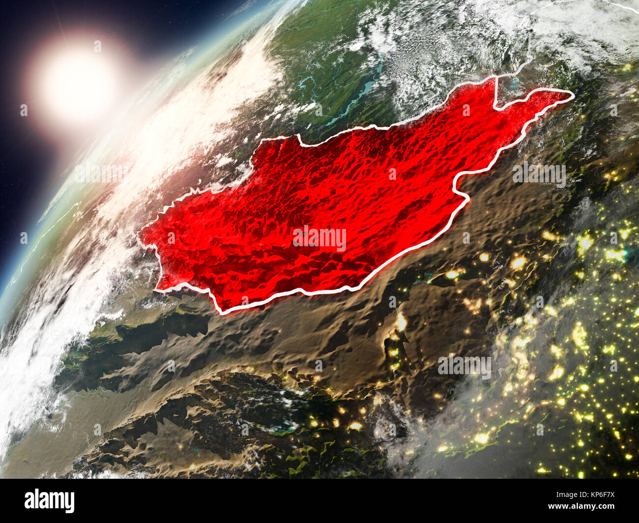 Mongolia during sunset highlighted in red on planet Earth with clouds ...