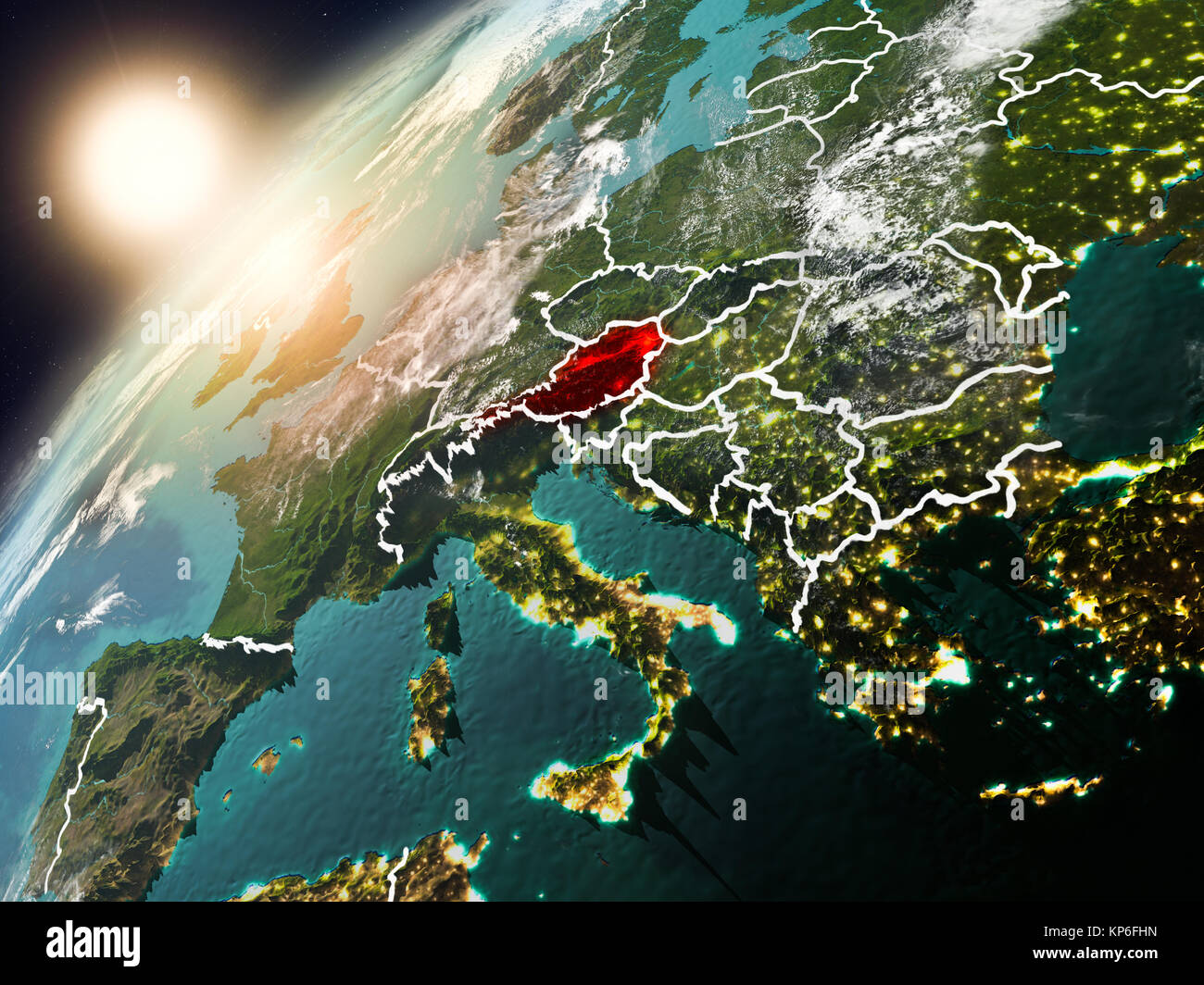 Austria during sunset highlighted in red on planet Earth with clouds and visible country borders ...