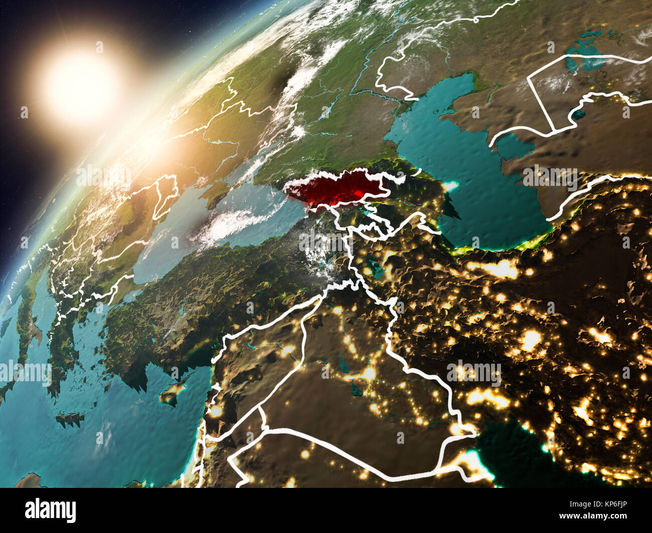 Georgia during sunset highlighted in red on planet Earth with clouds and visible country borders ...