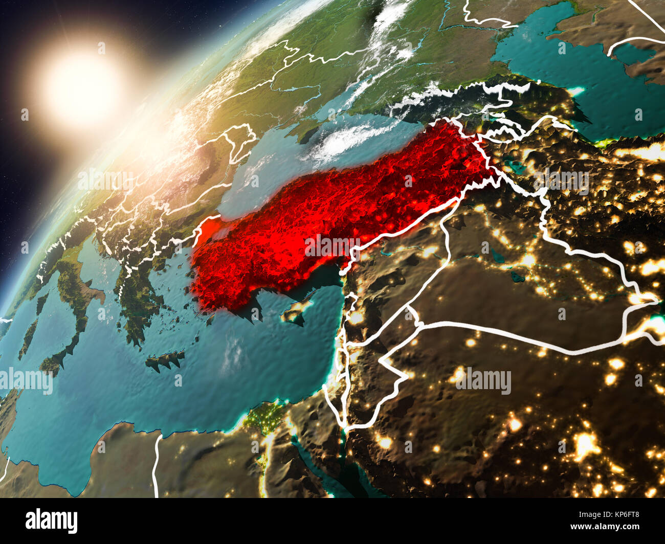 Turkey during sunset highlighted in red on planet Earth with clouds and ...