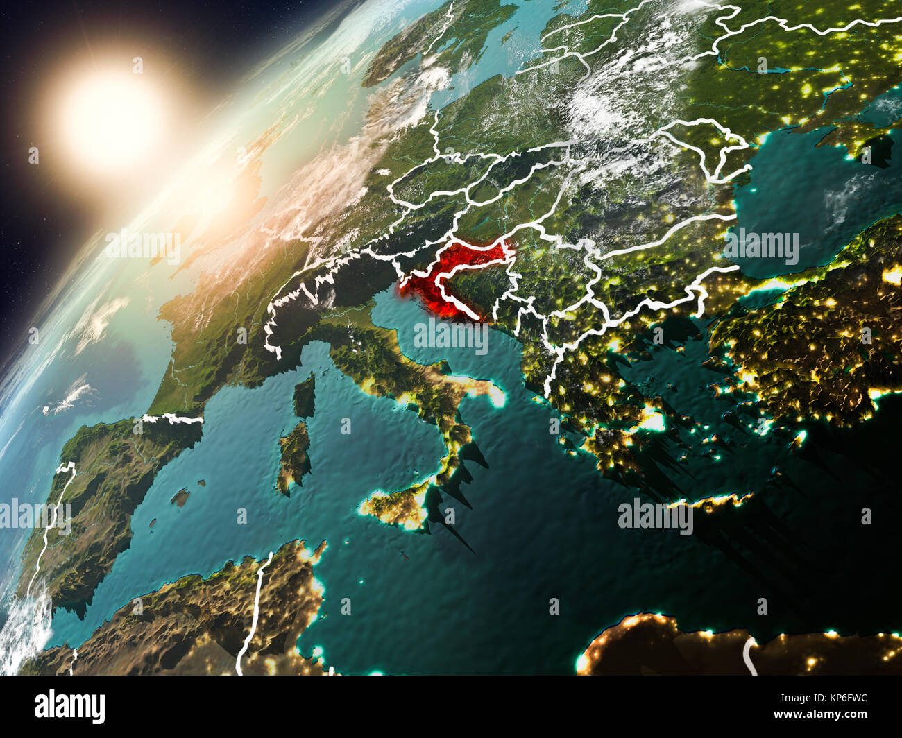 Croatia during sunset highlighted in red on planet Earth with clouds and visible country borders ...