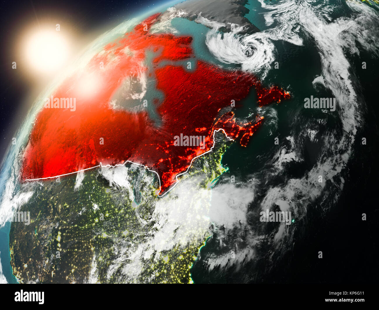 Canada during sunset highlighted in red on planet Earth with clouds and visible country borders ...