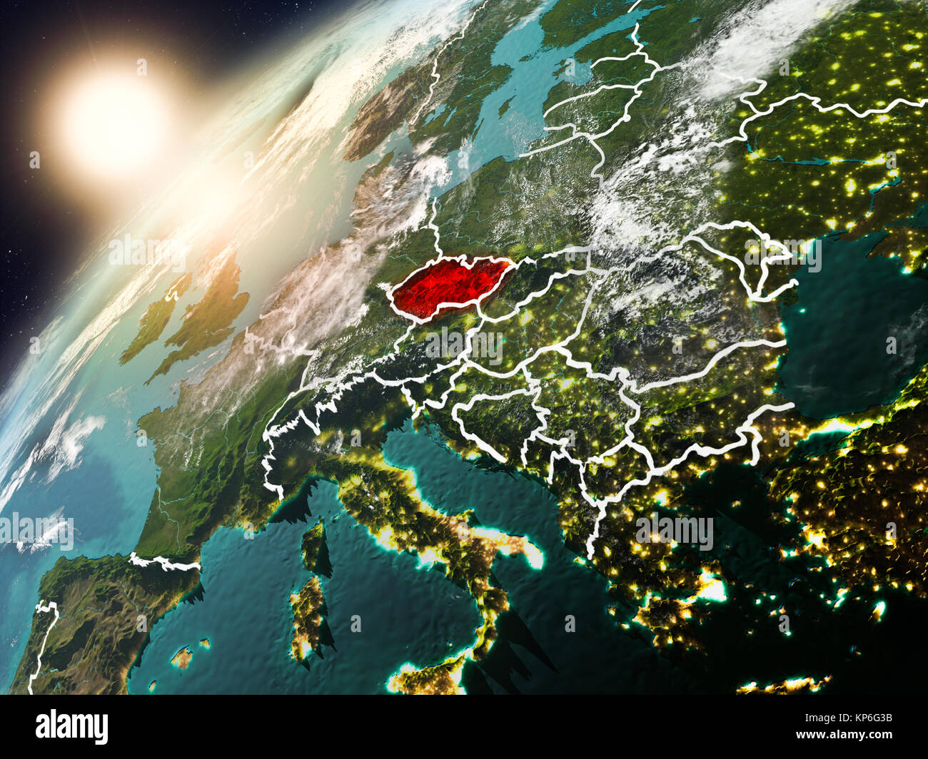 Czech republic during sunset highlighted in red on planet Earth with clouds and visible country ...