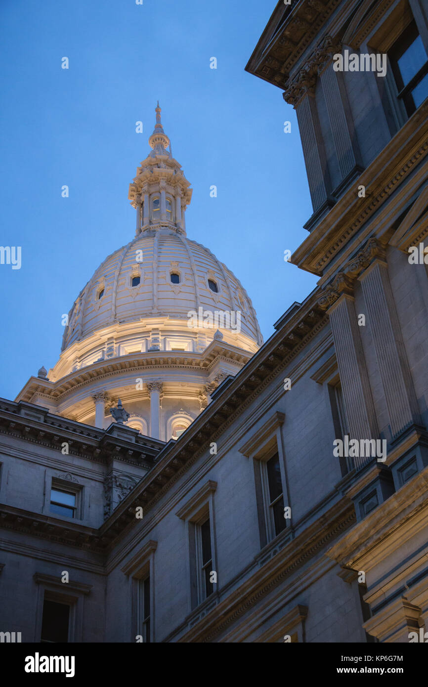 Lansing State Capital Building at Night with the dome lit and a blue ...