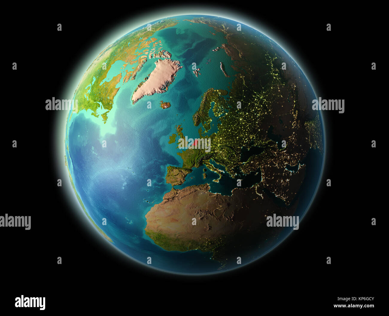 Netherlands from orbit of planet Earth at night with highly detailed ...