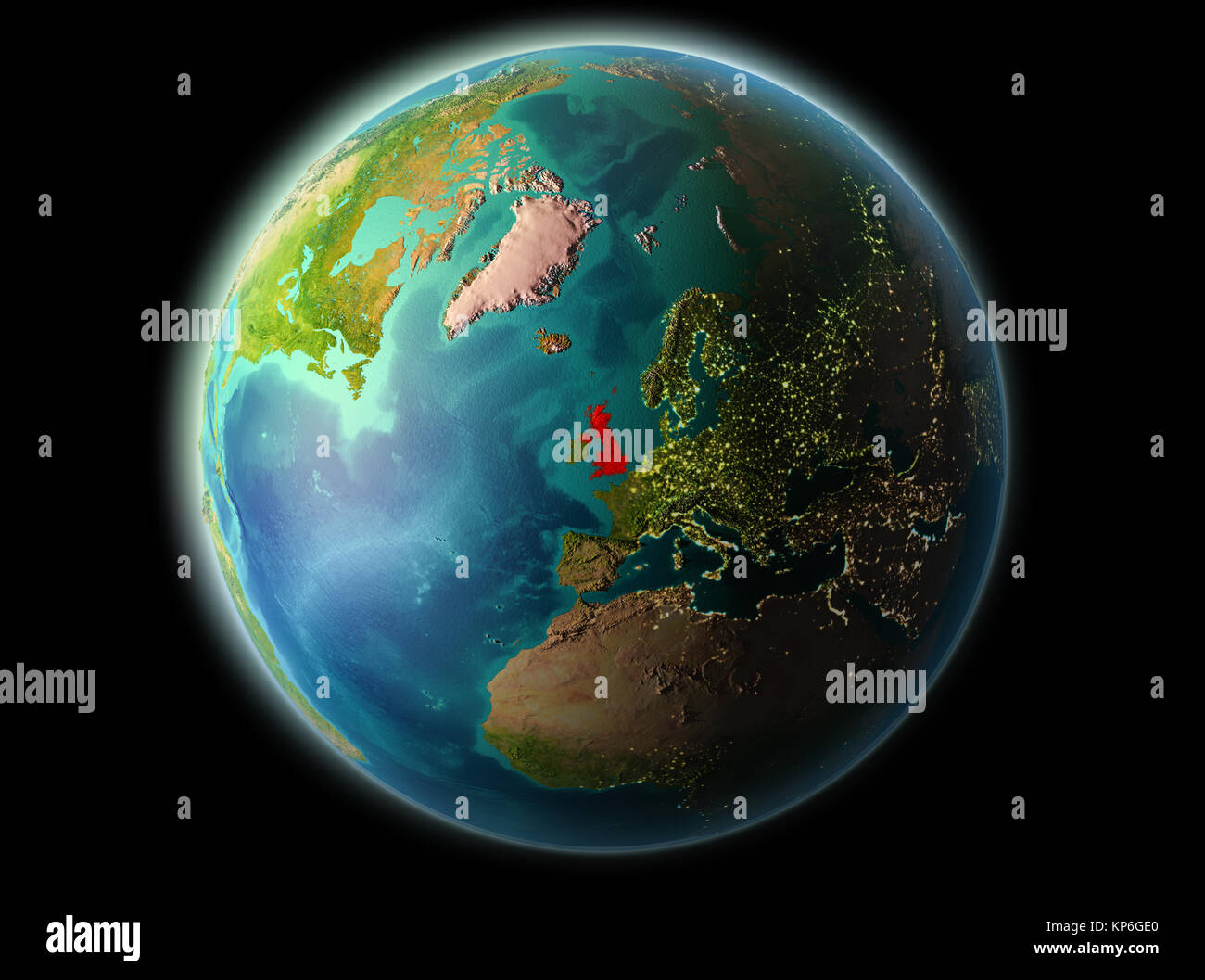 United Kingdom from orbit of planet Earth at night with highly detailed ...
