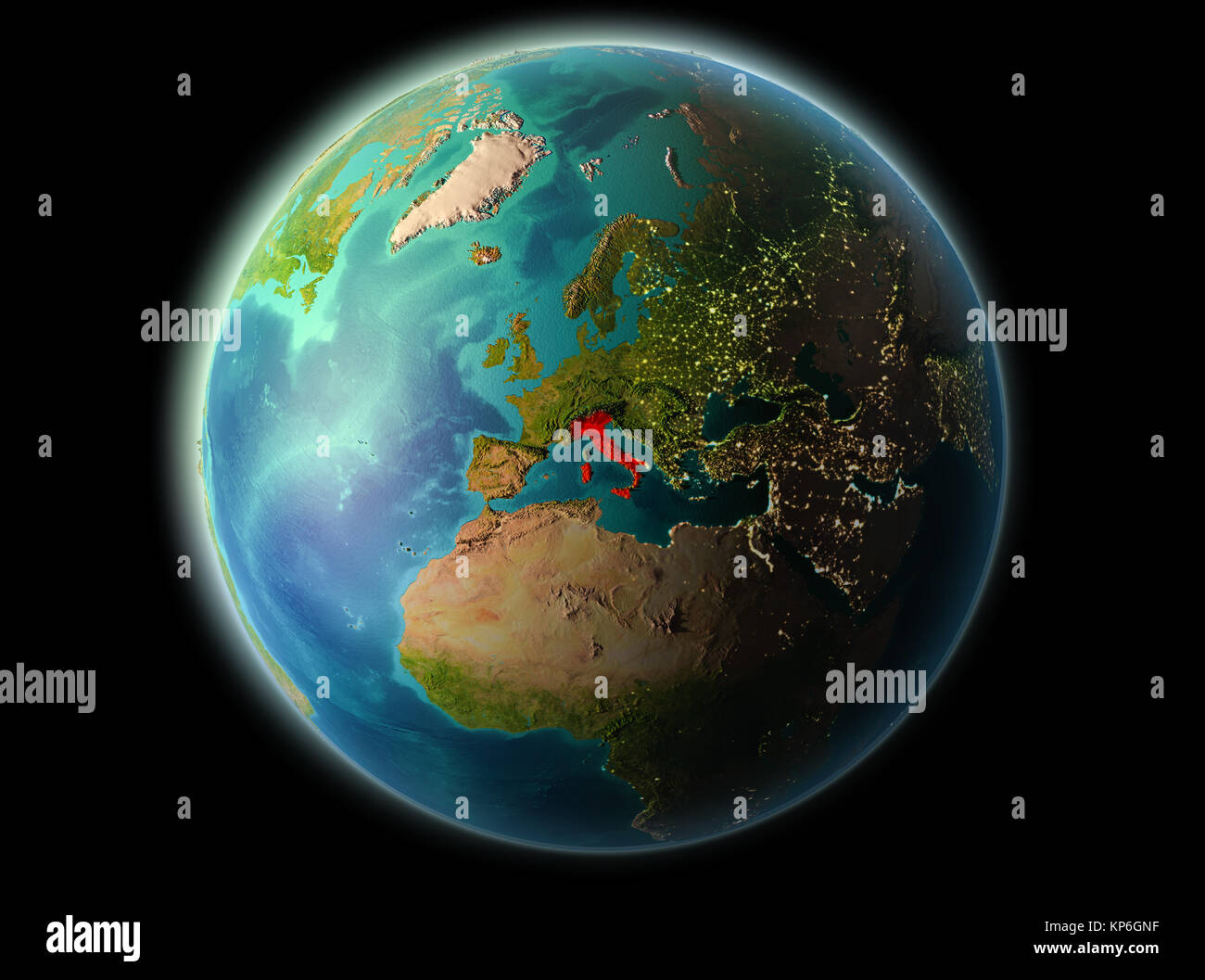 Italy from orbit of planet Earth at night with highly detailed surface ...