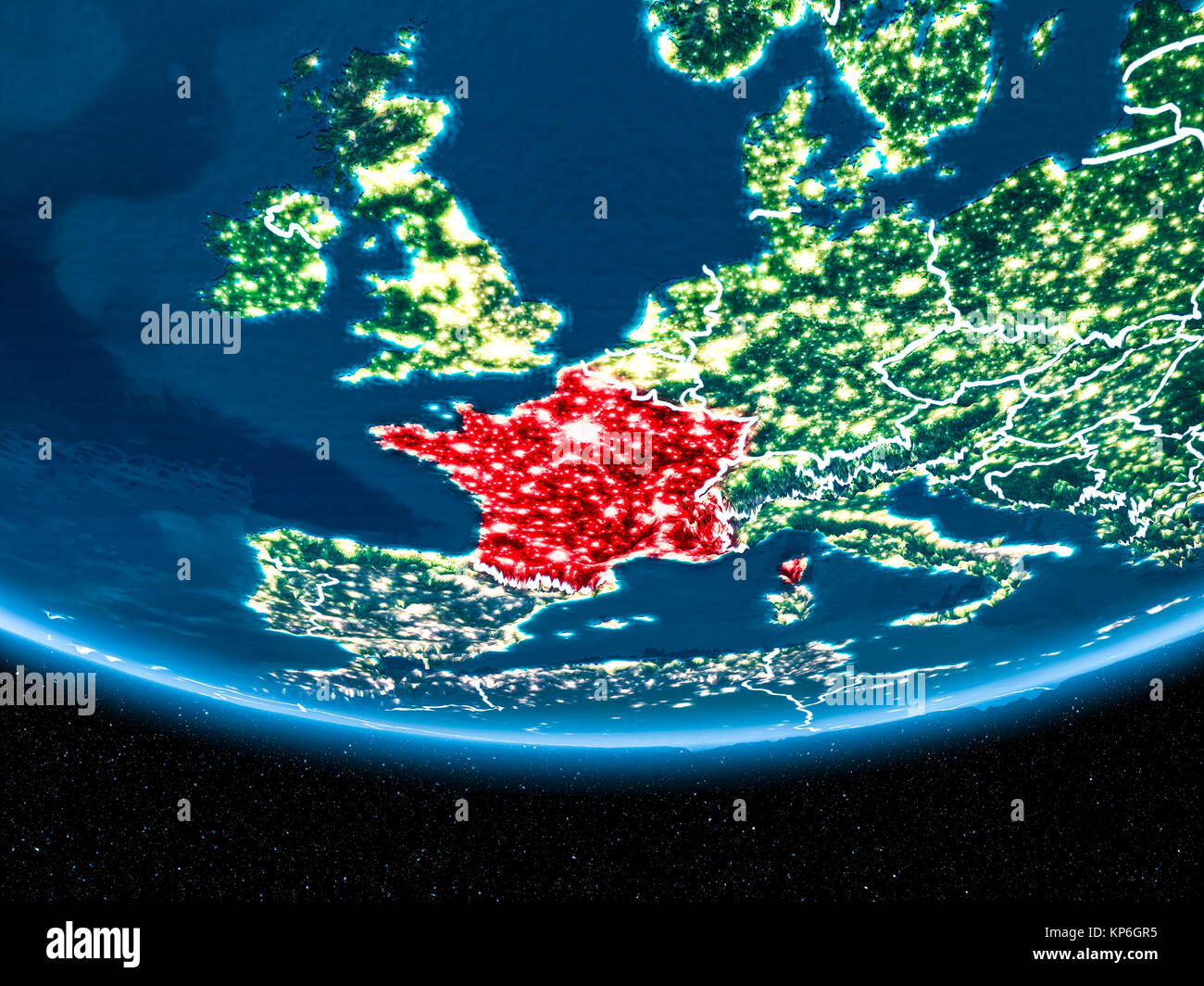 France in red with visible country borders and city lights from space ...