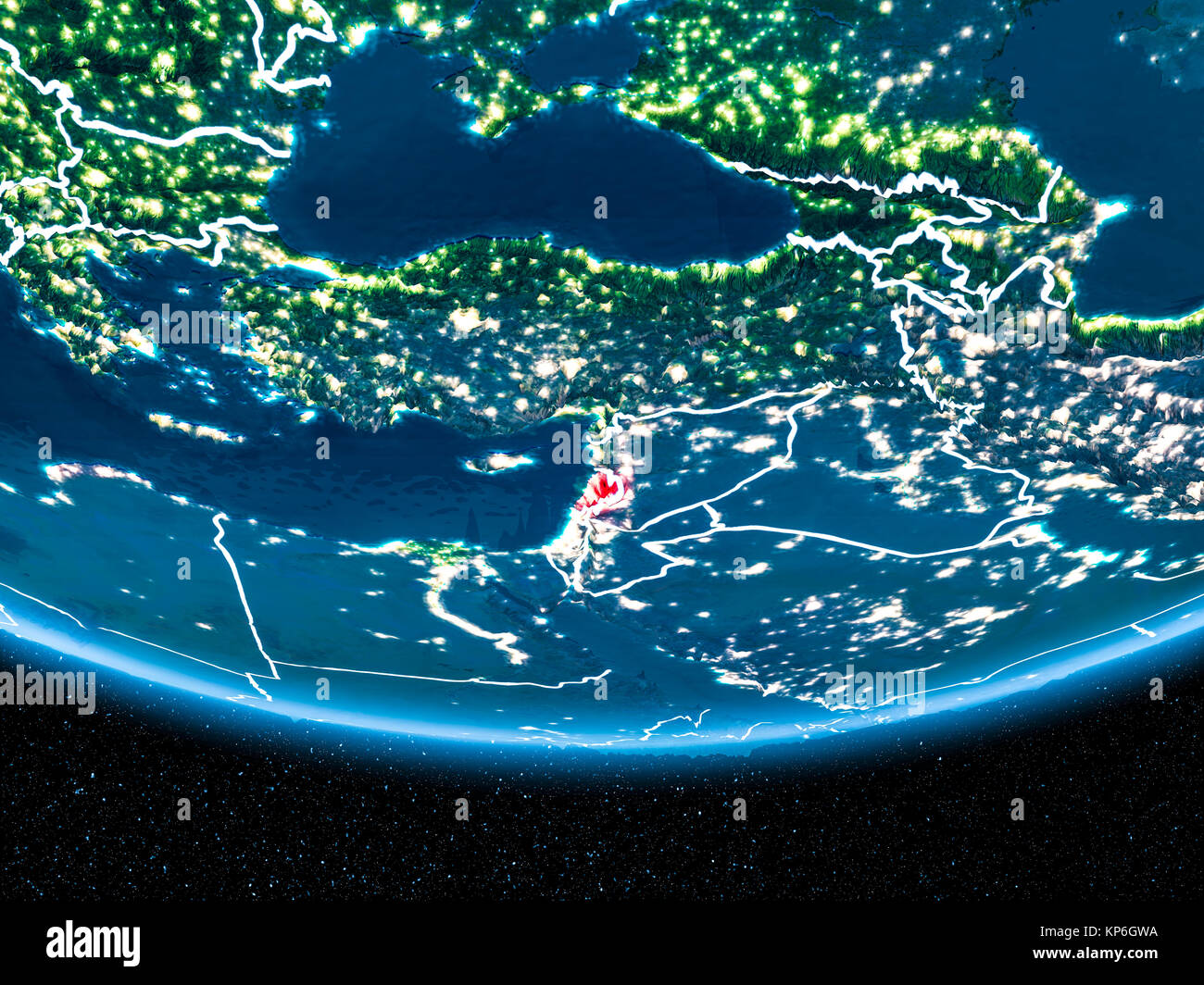 Lebanon in red with visible country borders and city lights from space ...