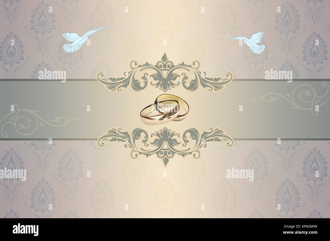 Decorative background with white doves and gold rings and scroll of ...
