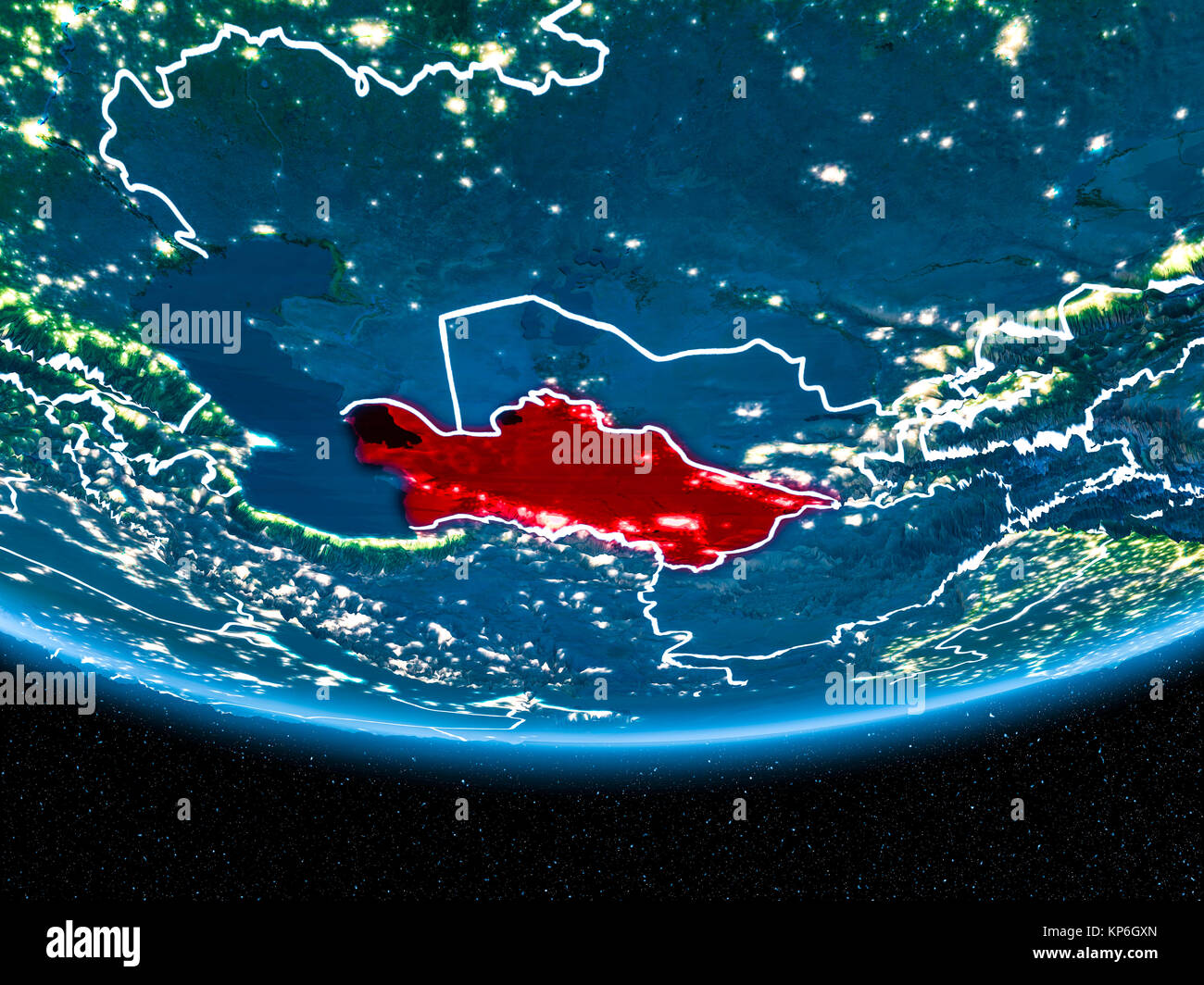Turkmenistan in red with visible country borders and city lights from ...