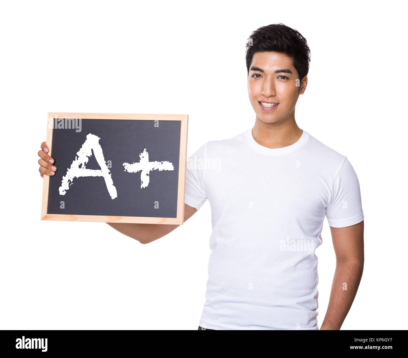 Asian man with chalkboard showing sign of A plus Stock Photo - Alamy