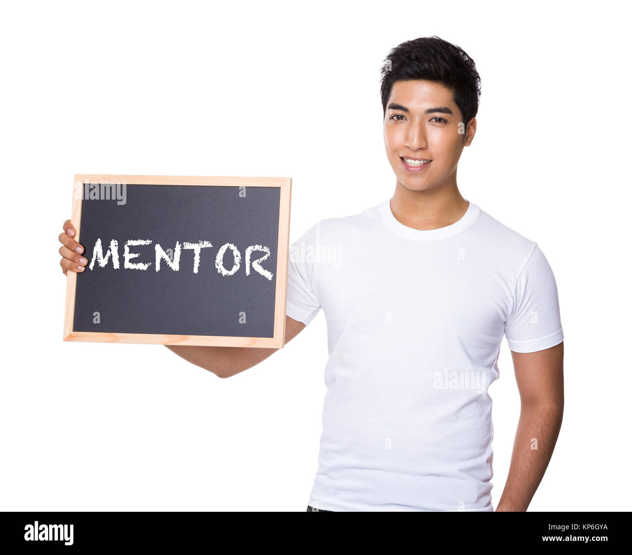 Asian man with chalkboard showing a word mentor Stock Photo - Alamy