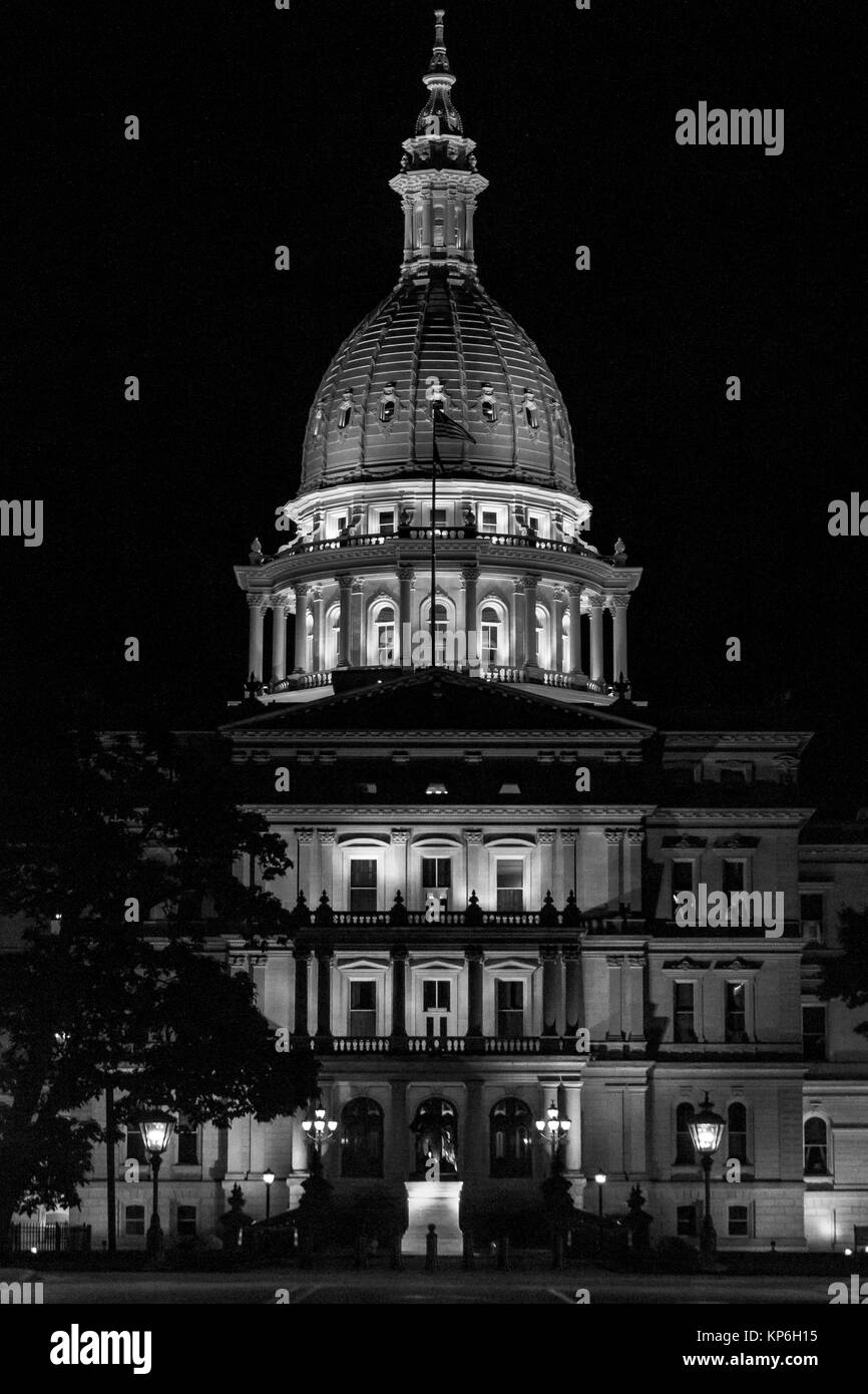 Lansing State Capitol Building in Michigan at night in black and white ...