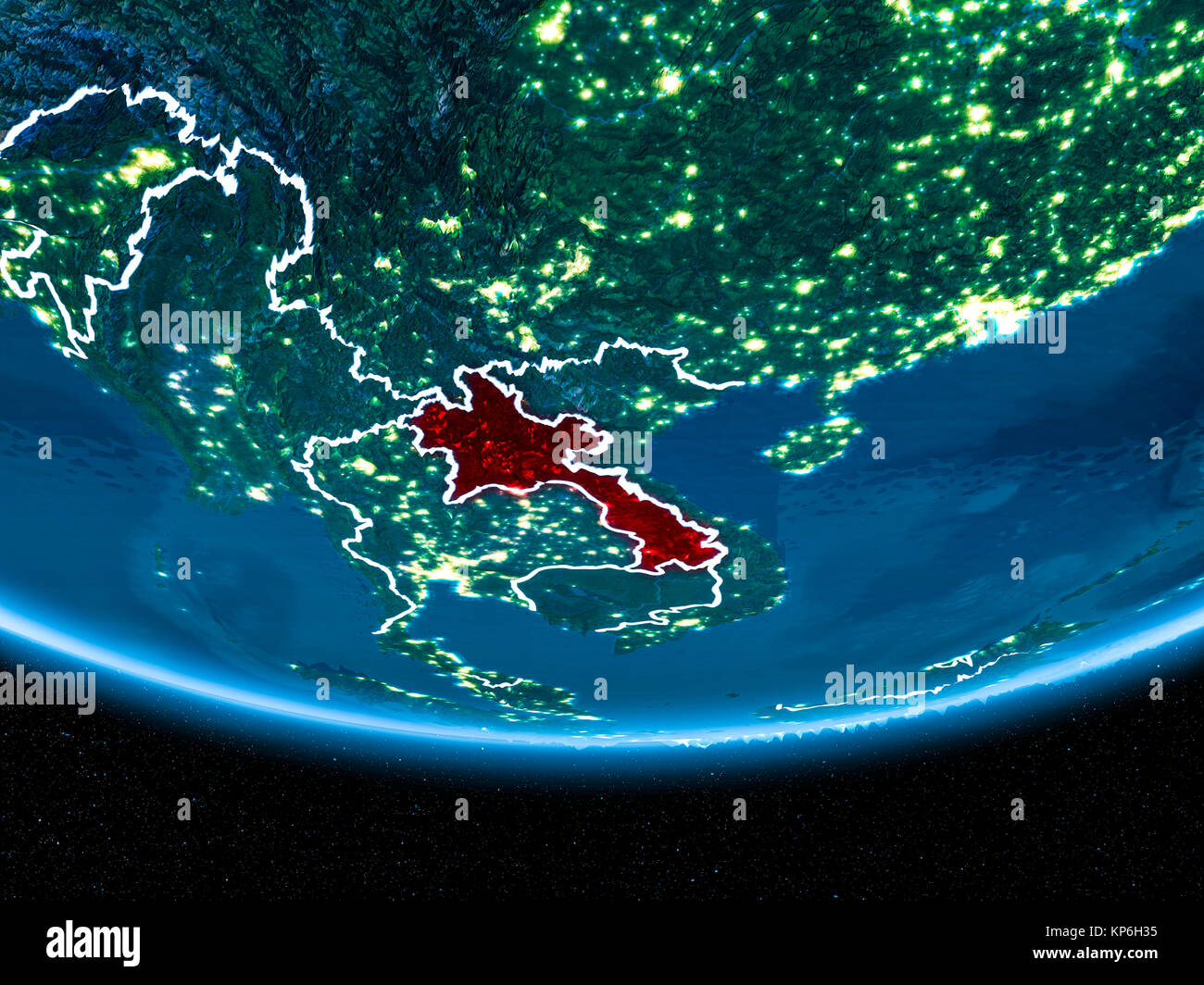 Laos in red with visible country borders and city lights from space at ...