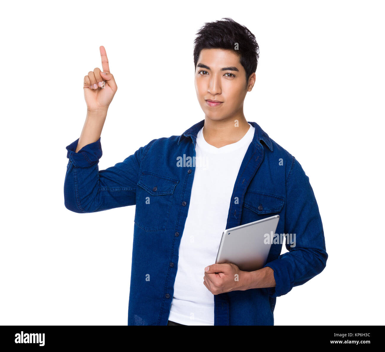 Chinese mixed iranian man hold with tablet and finger point up Stock ...