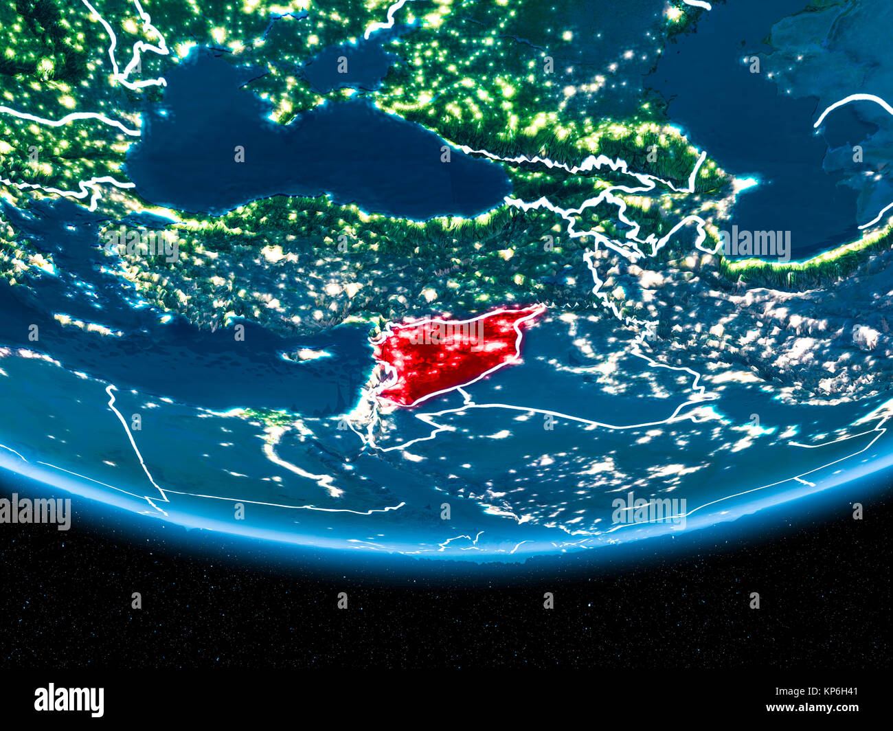 Syria in red with visible country borders and city lights from space at ...