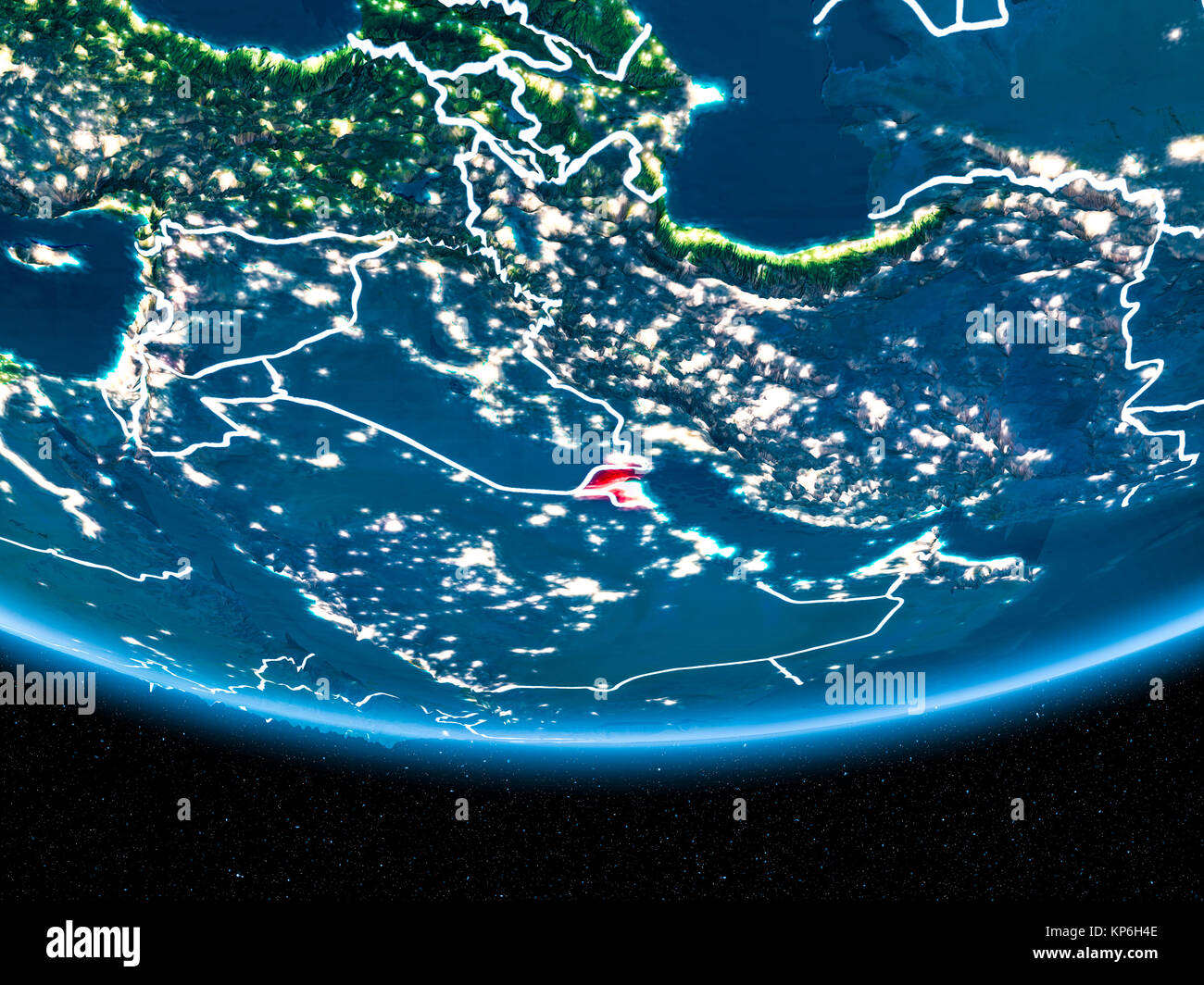 Kuwait in red with visible country borders and city lights from space ...