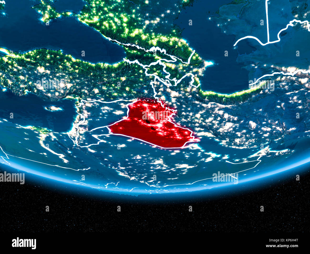 Iraq in red with visible country borders and city lights from space at ...