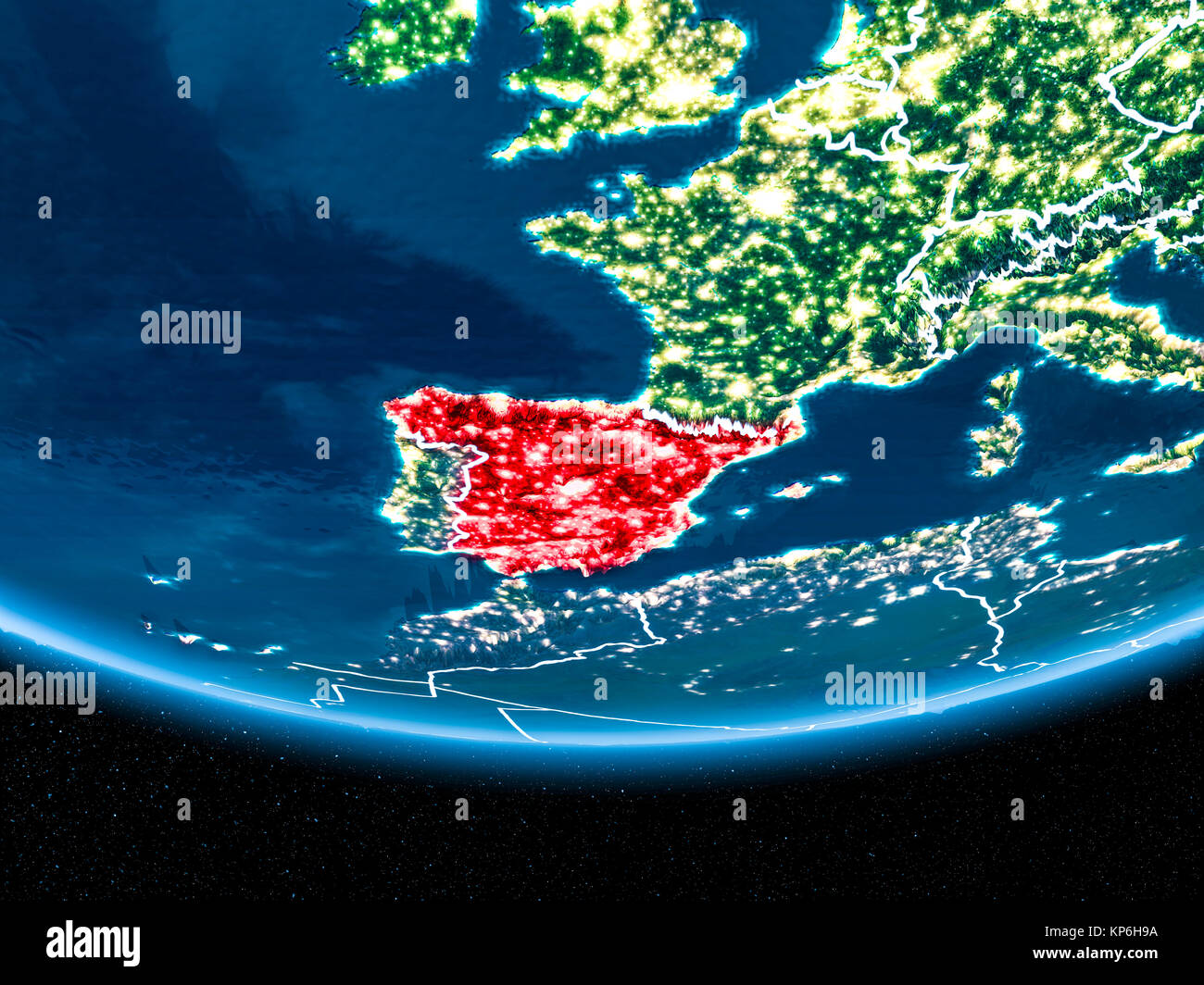 Spain in red with visible country borders and city lights from space at ...