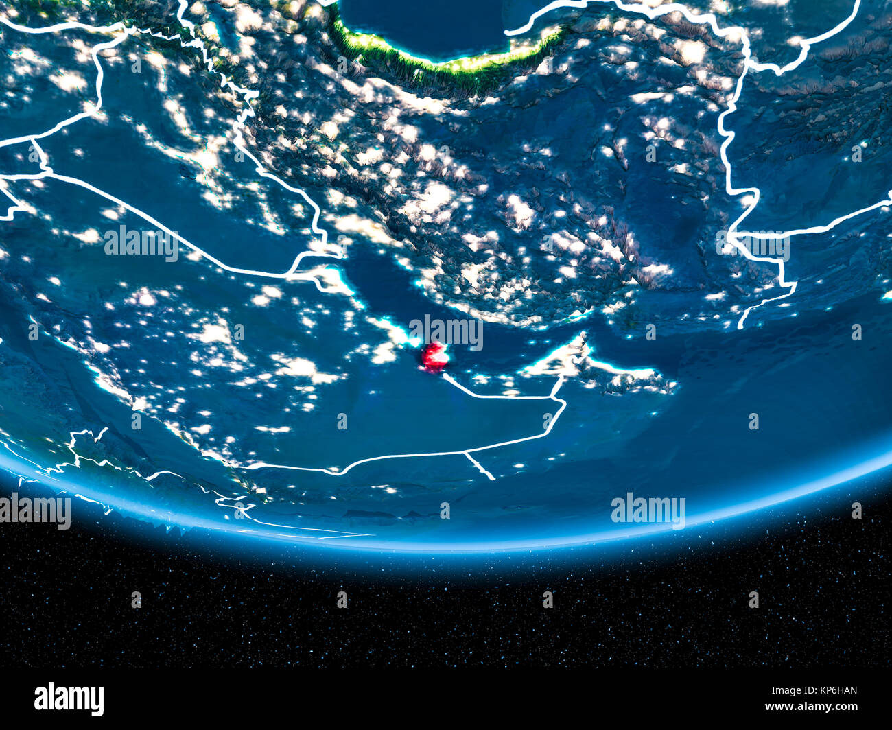 Qatar in red with visible country borders and city lights from space at ...