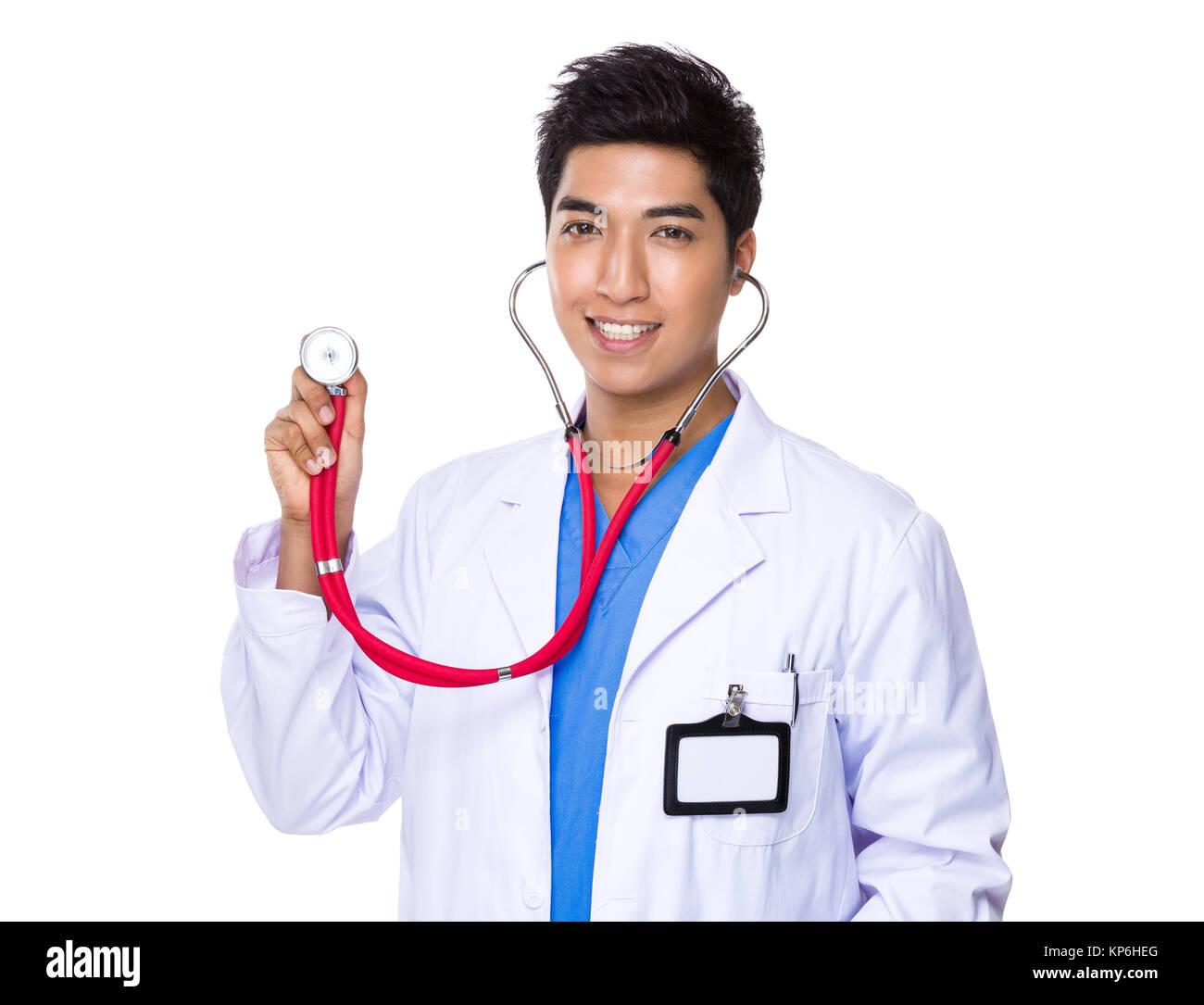 Male doctor holding up with stethoscope Stock Photo - Alamy