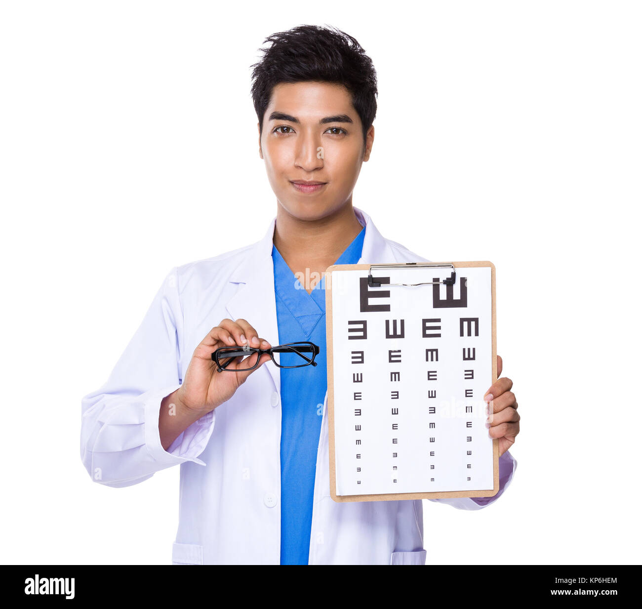 Optician doctor holding with eyechart and glassesa Stock Photo - Alamy