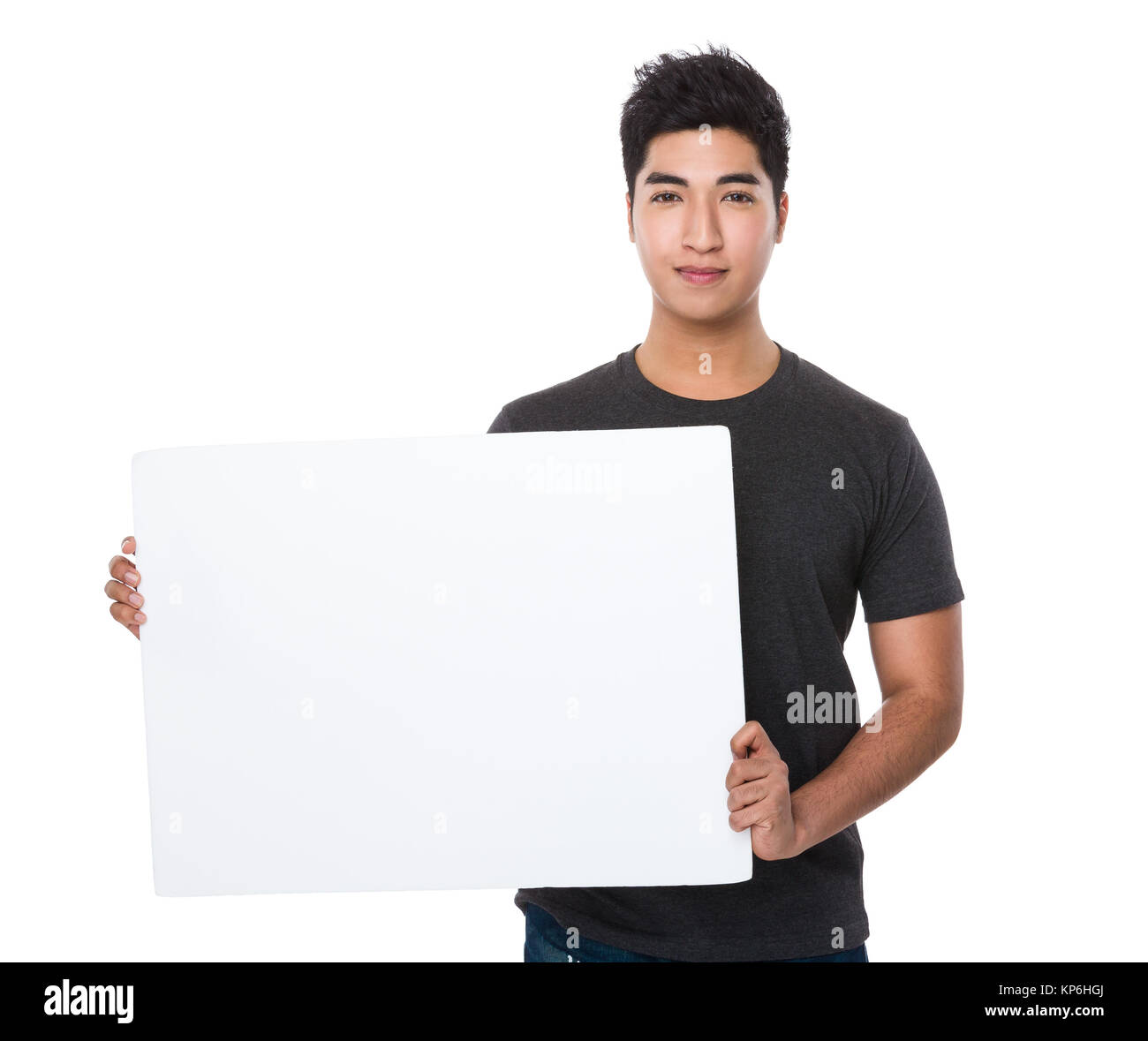 Asian young man show with white board Stock Photo - Alamy