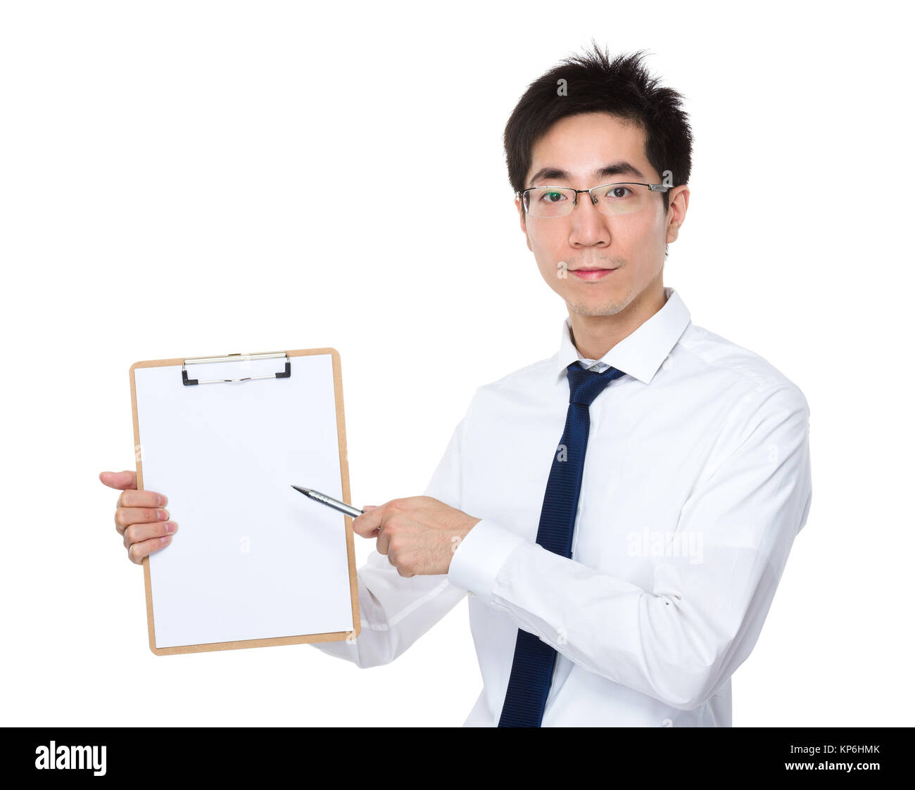 Young businessman pen point to clipboard Stock Photo - Alamy