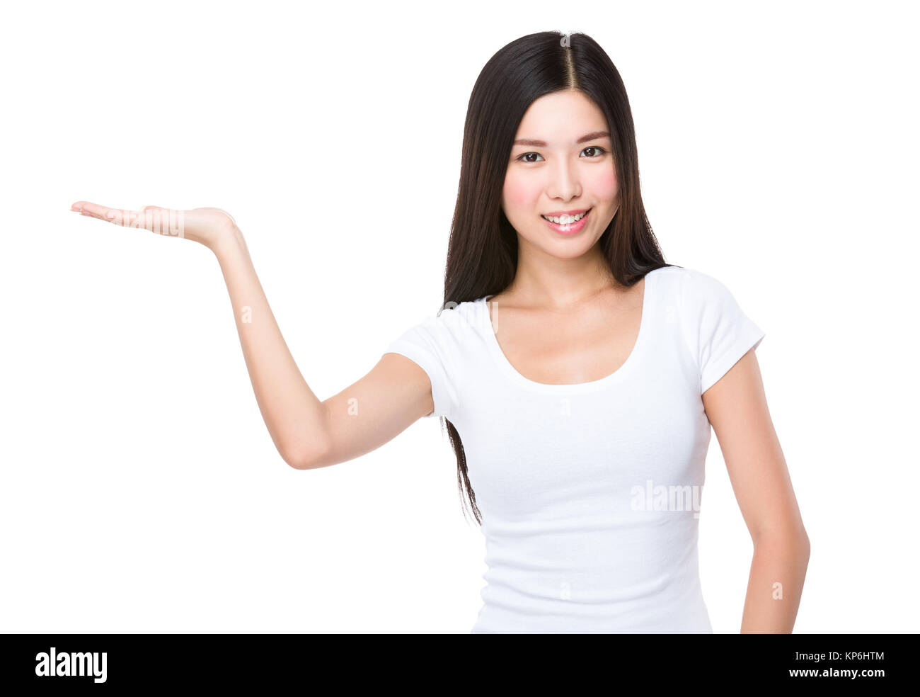 Young woman with open hand palm Stock Photo - Alamy