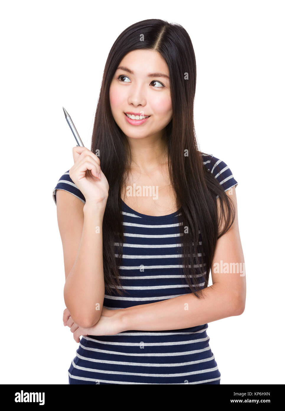 Asian woman think of idea with holding a pen Stock Photo - Alamy