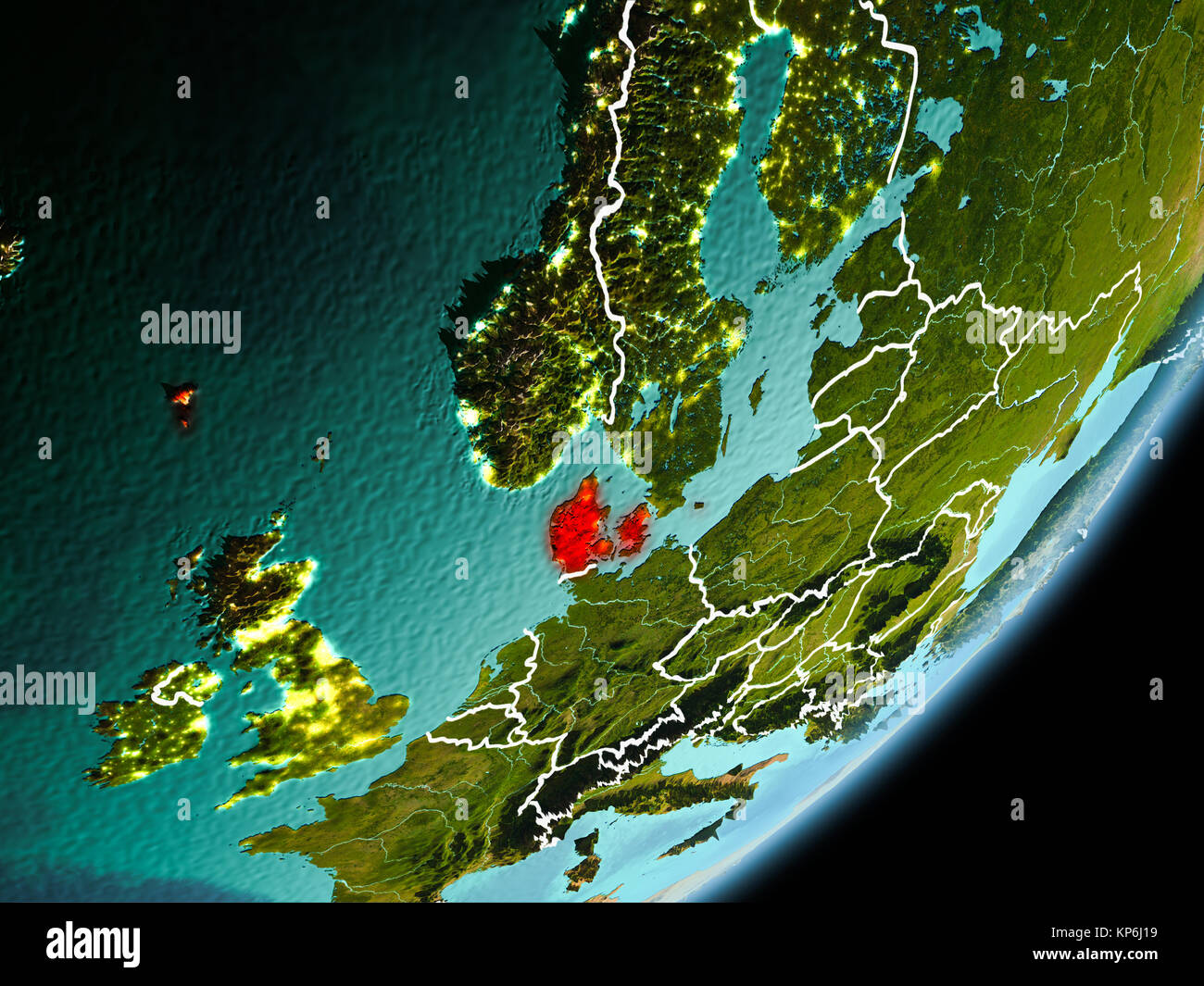 Denmark in early morning light highlighted in red on planet Earth with visible border lines and ...