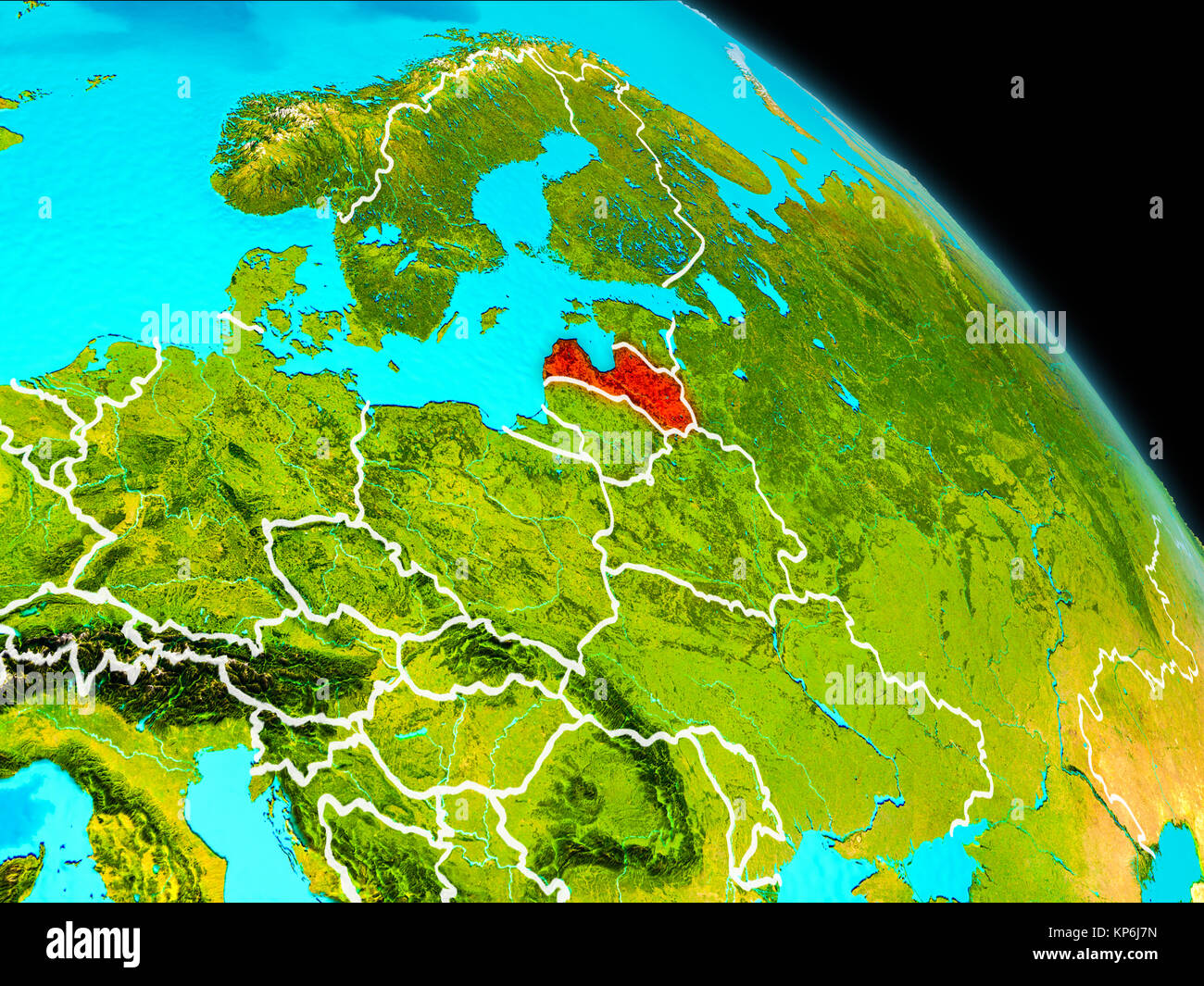 Space orbit view of Latvia highlighted in red on planet Earth with visible borders. 3D ...