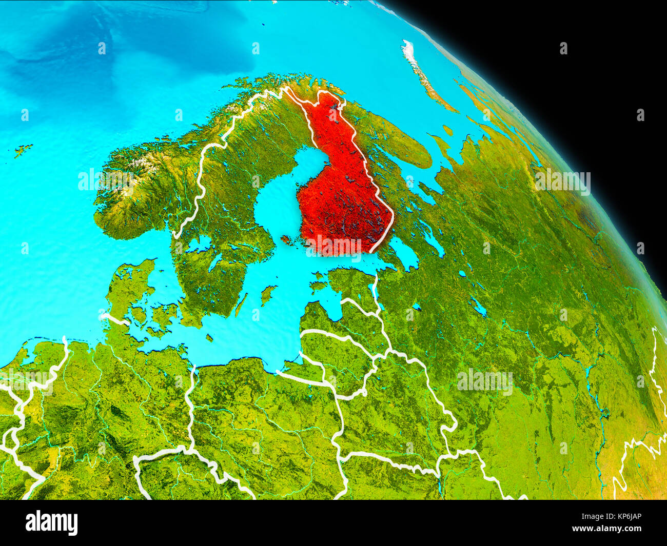 Space orbit view of Finland highlighted in red on planet Earth with visible borders. 3D ...