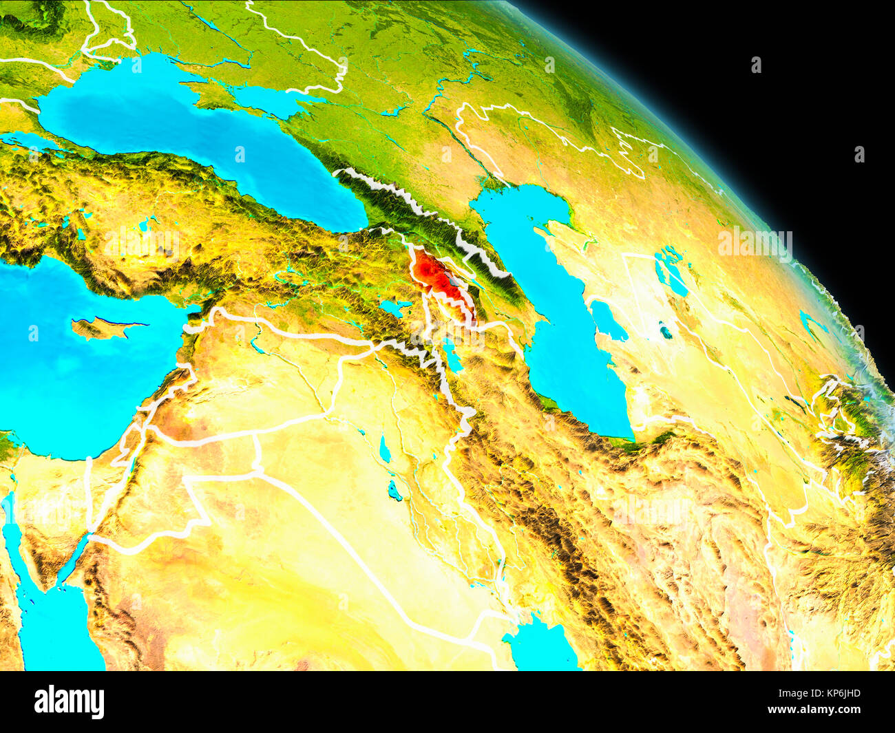 Space orbit view of Armenia highlighted in red on planet Earth with visible borders. 3D ...