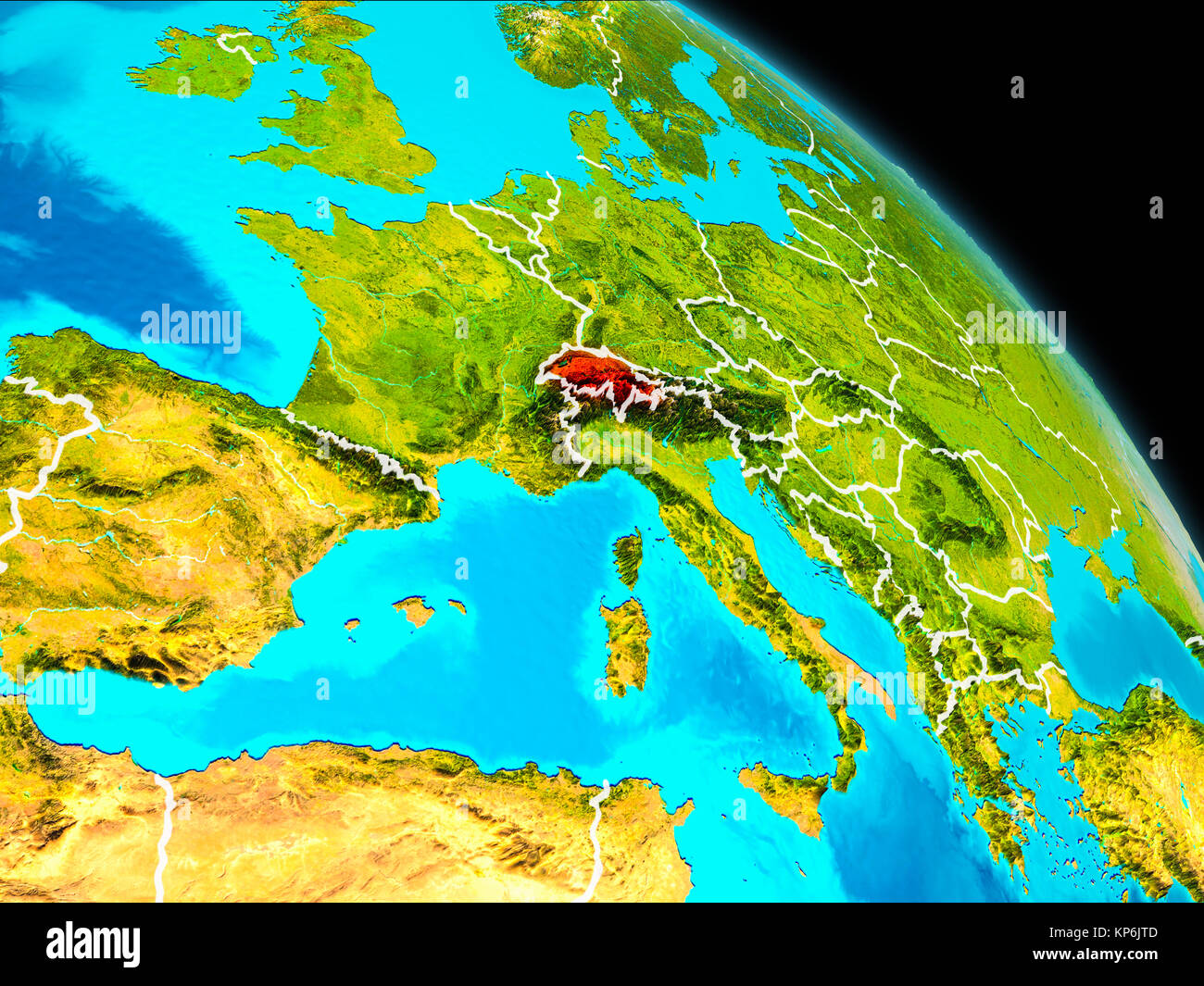 Space orbit view of Switzerland highlighted in red on planet Earth with visible borders. 3D ...