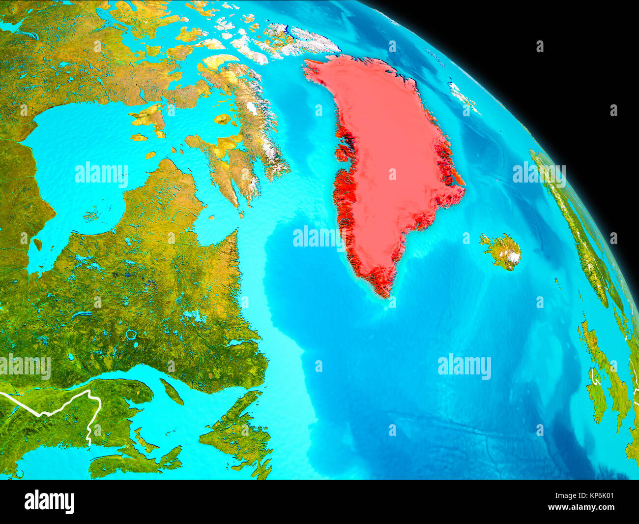 Space orbit view of Greenland highlighted in red on planet Earth with visible borders. 3D ...