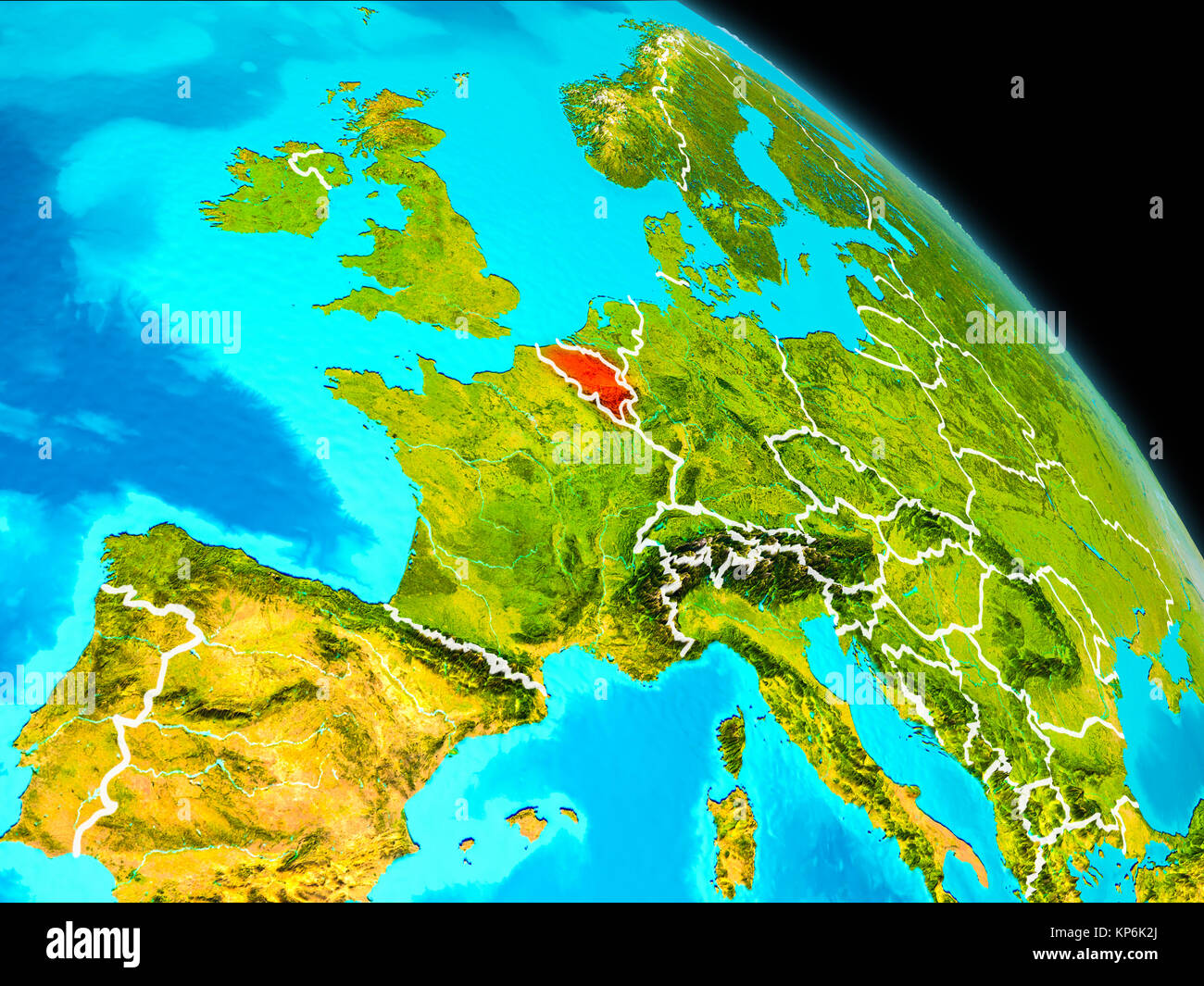 Space orbit view of Belgium highlighted in red on planet Earth with visible borders. 3D ...