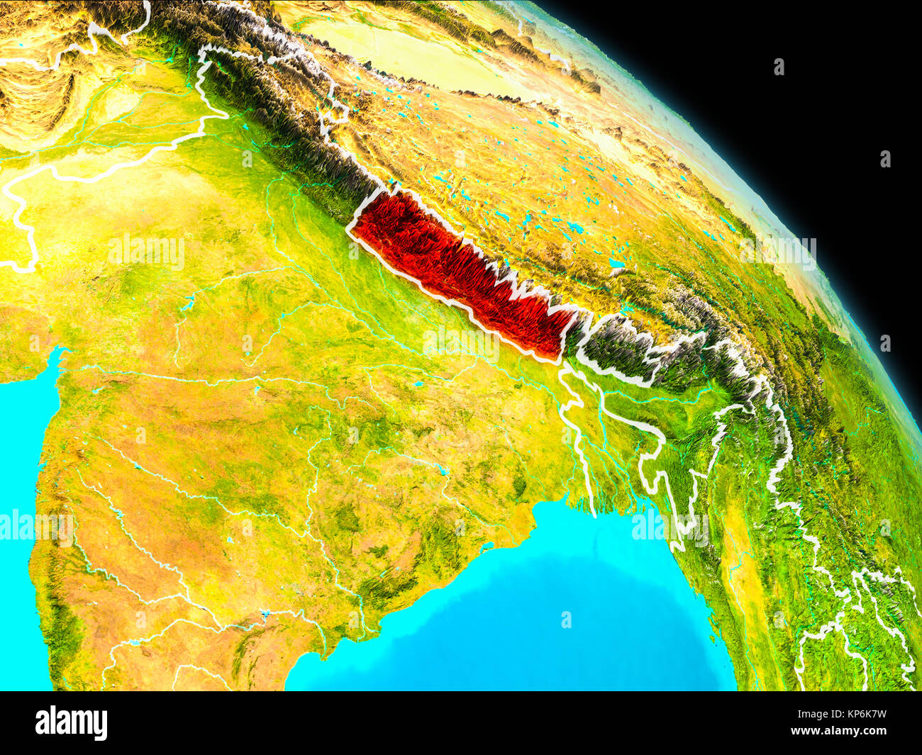 Space orbit view of Nepal highlighted in red on planet Earth with ...