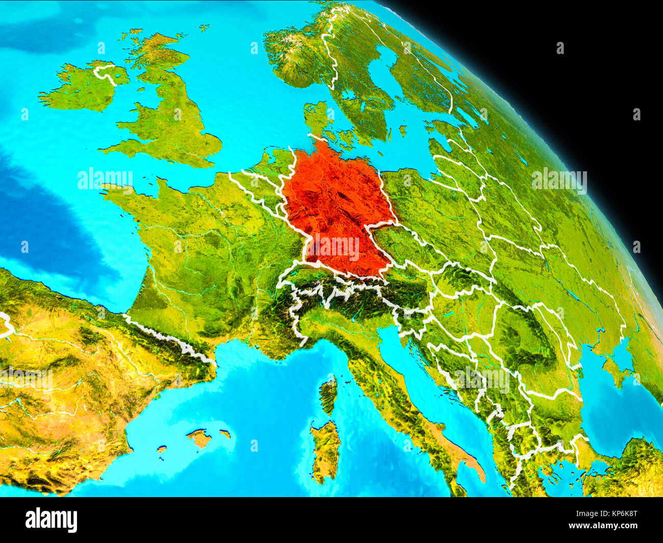 Space orbit view of Germany highlighted in red on planet Earth with ...