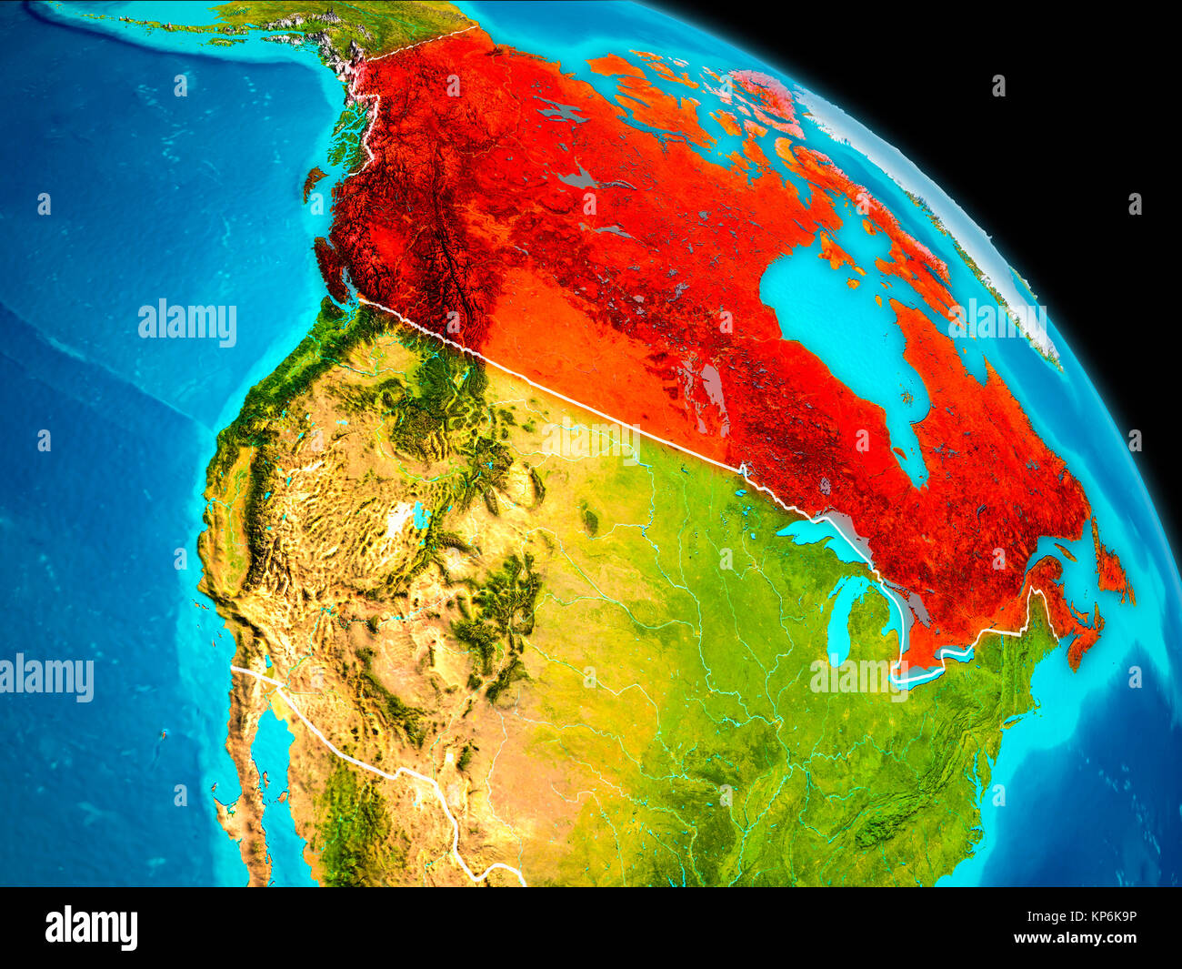 Space orbit view of Canada highlighted in red on planet Earth with ...