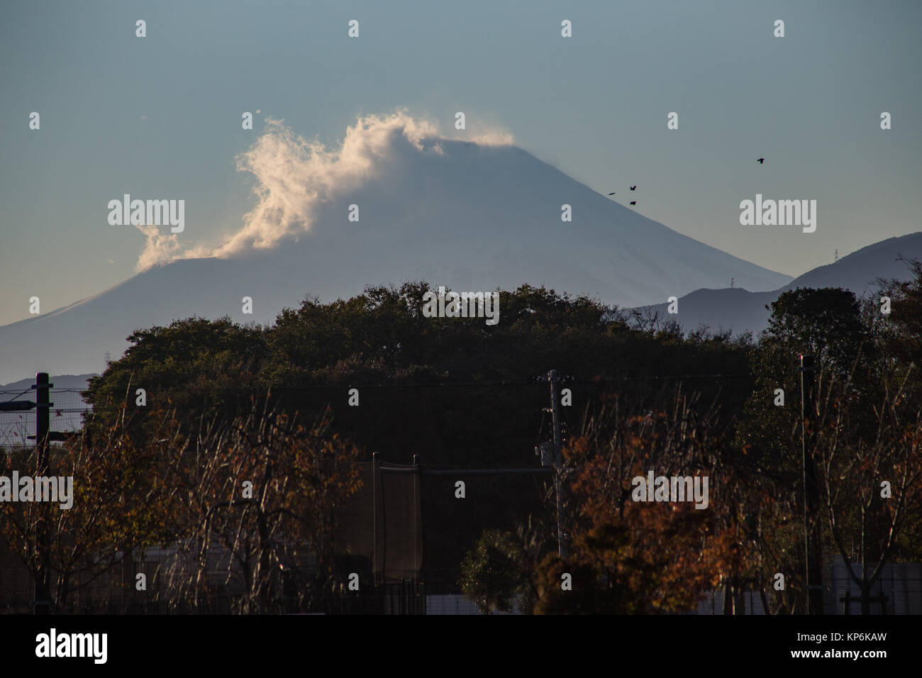 Mt Fuji silhouette in the setting sun in a park in central Kanagawa ...