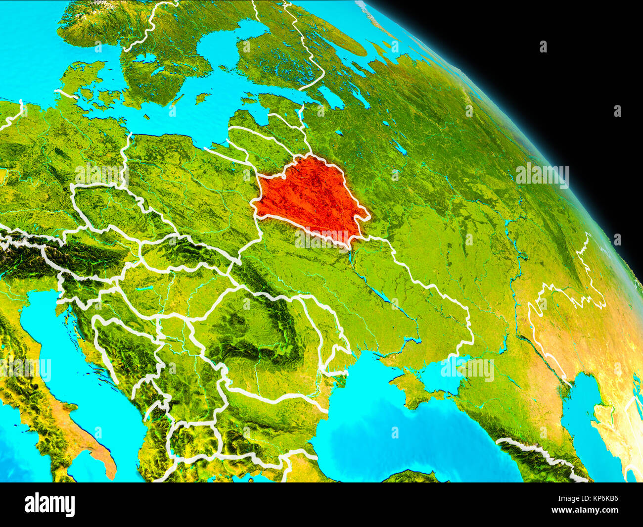 Space orbit view of Belarus highlighted in red on planet Earth with visible borders. 3D ...