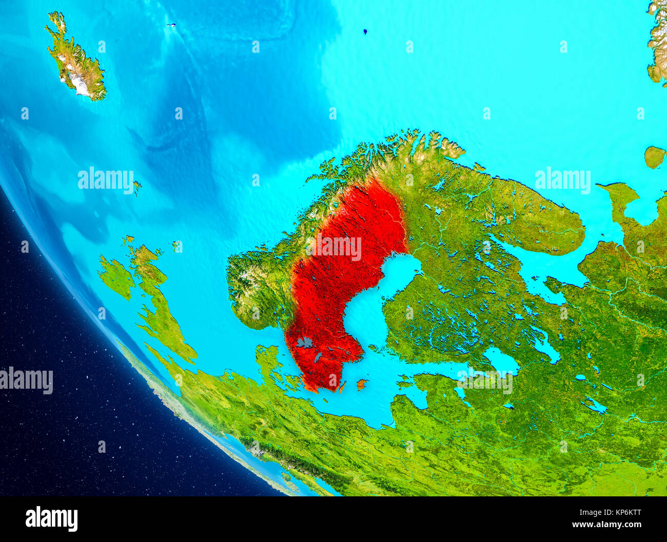 Sweden highlighted in red on planet Earth. 3D illustration. Elements of this image furnished by ...